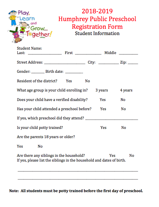Humphrey Public Schools - 18-19 Preschool Registration form