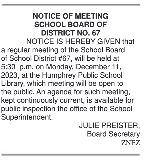 Humphrey Public Schools - 23-24 Board Meeting Notices, Agendas, Minutes